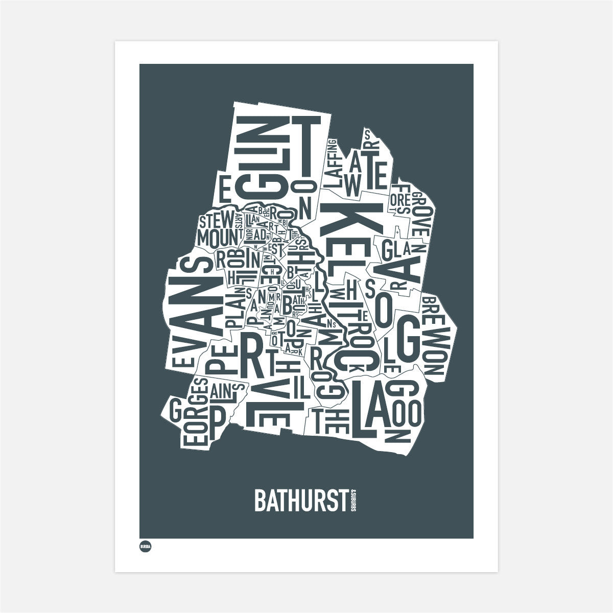 Burbia Bathurst Type Map Print & Canvas