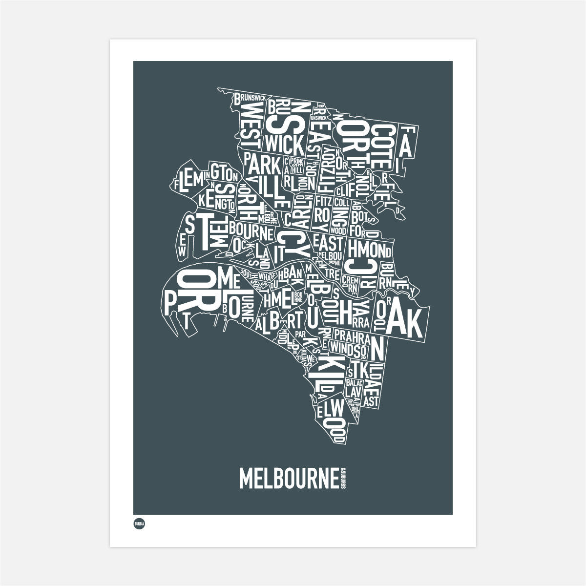 Burbia Melbourne Type Map Print & Canvas