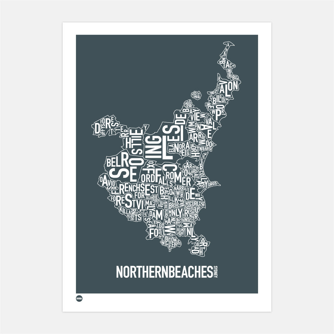 Burbia Sydney Northern Beaches Type Map Print & Canvas
